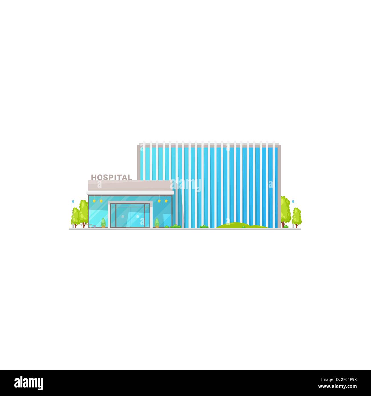 Modern hospital medic building with front entrance and green trees ...