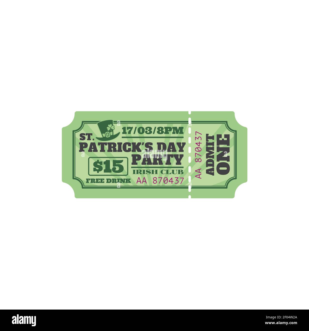 Ticket on St. Patricks day party, price 15 dollars. Vector isolated ...