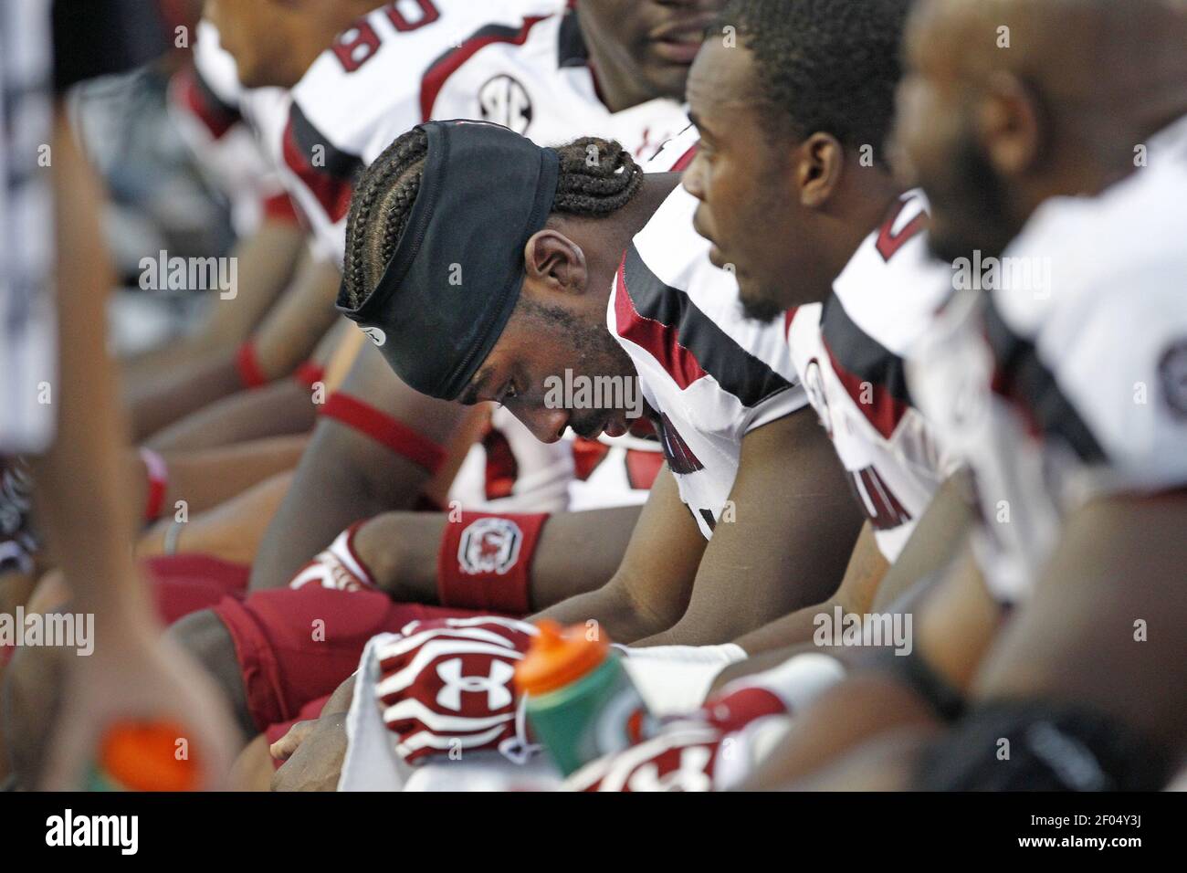 South Carolina running back Marcus Lattimore (21) sits on the bench as ...