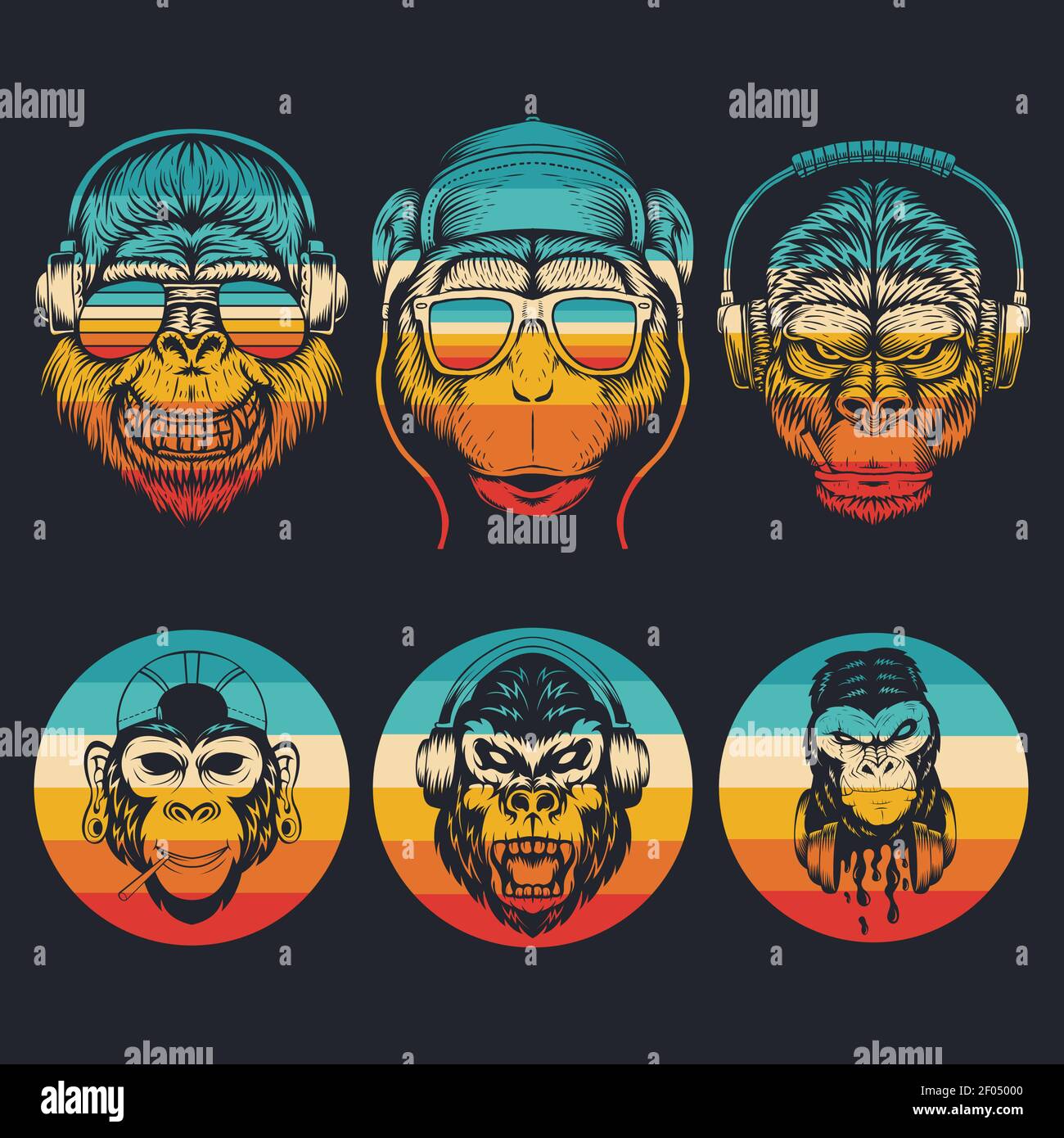 monkey music collection retro vector illustration for your company or ...