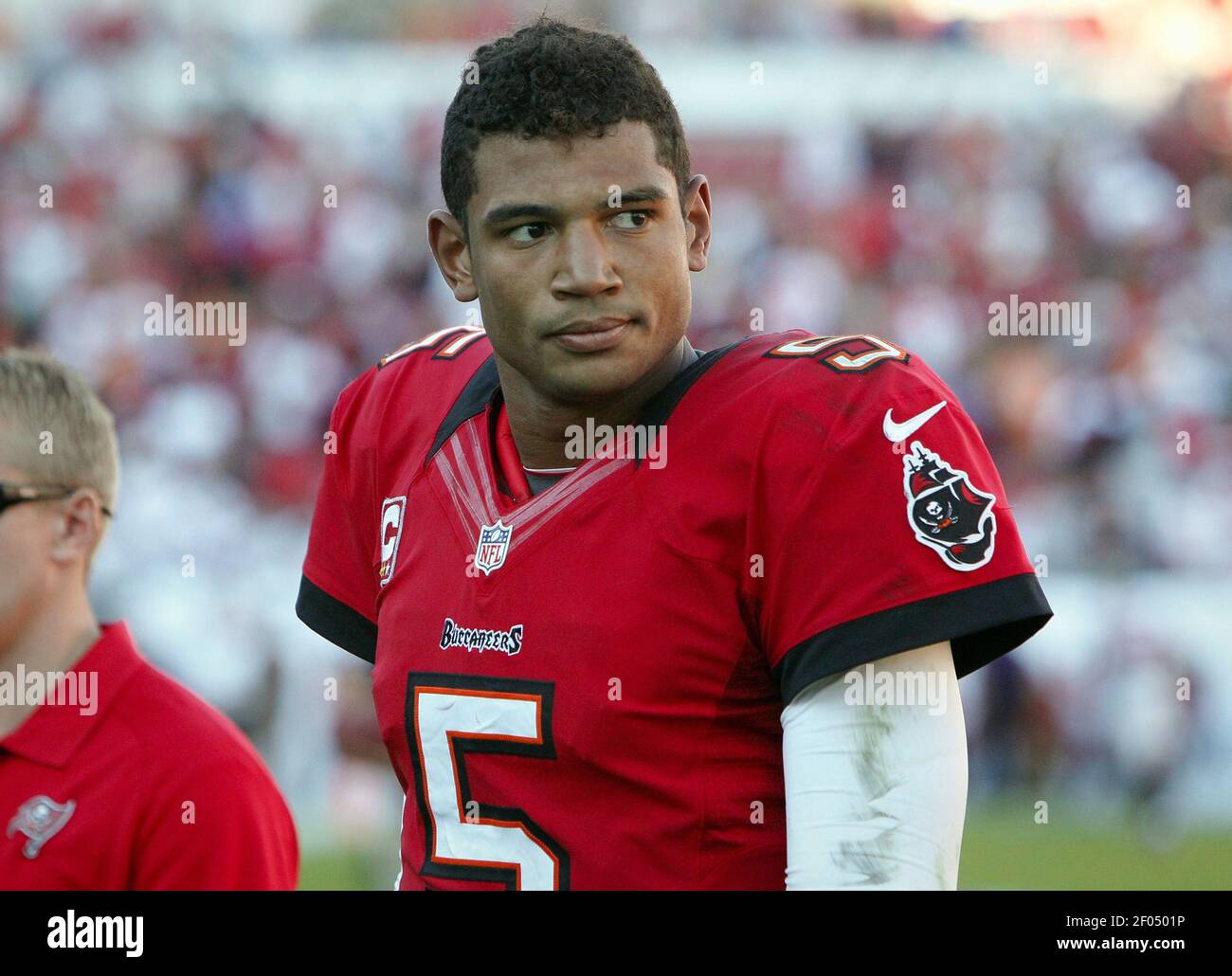 Tampa Bay Buccaneers quarterback Josh Freeman (5) walks off the field ...