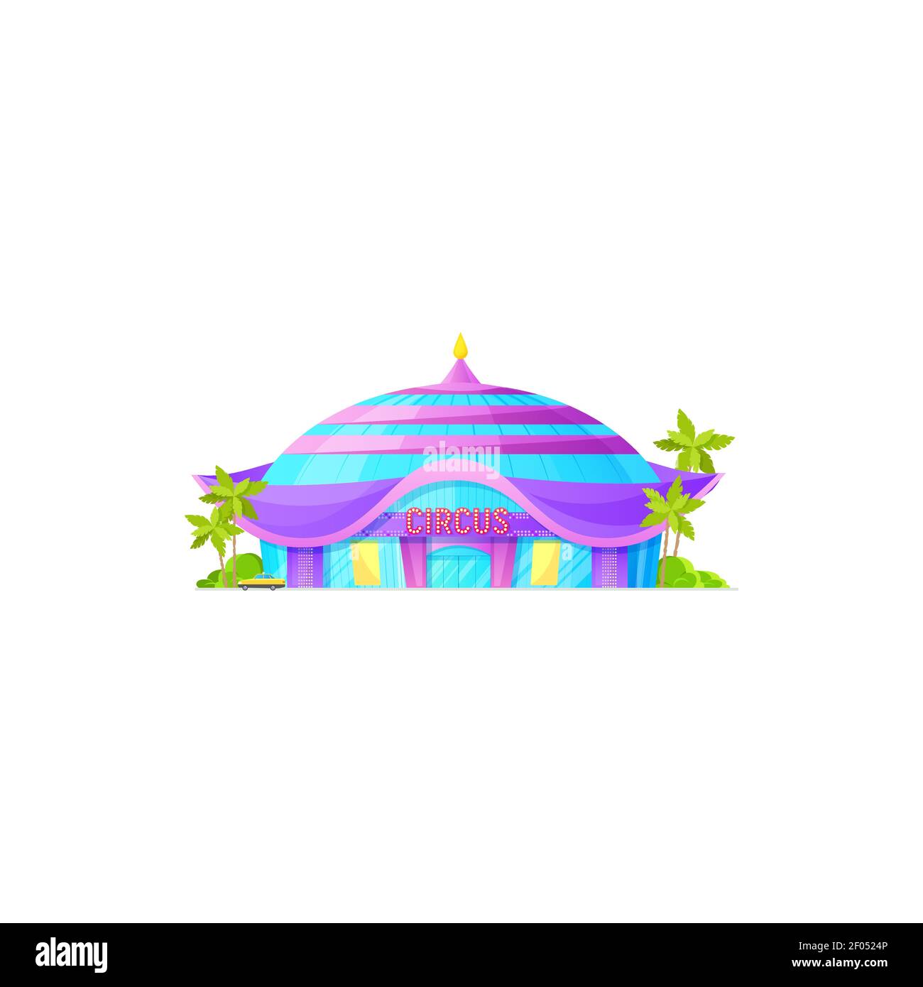 Contemporary purple circus building with roof awning isolated facade ...