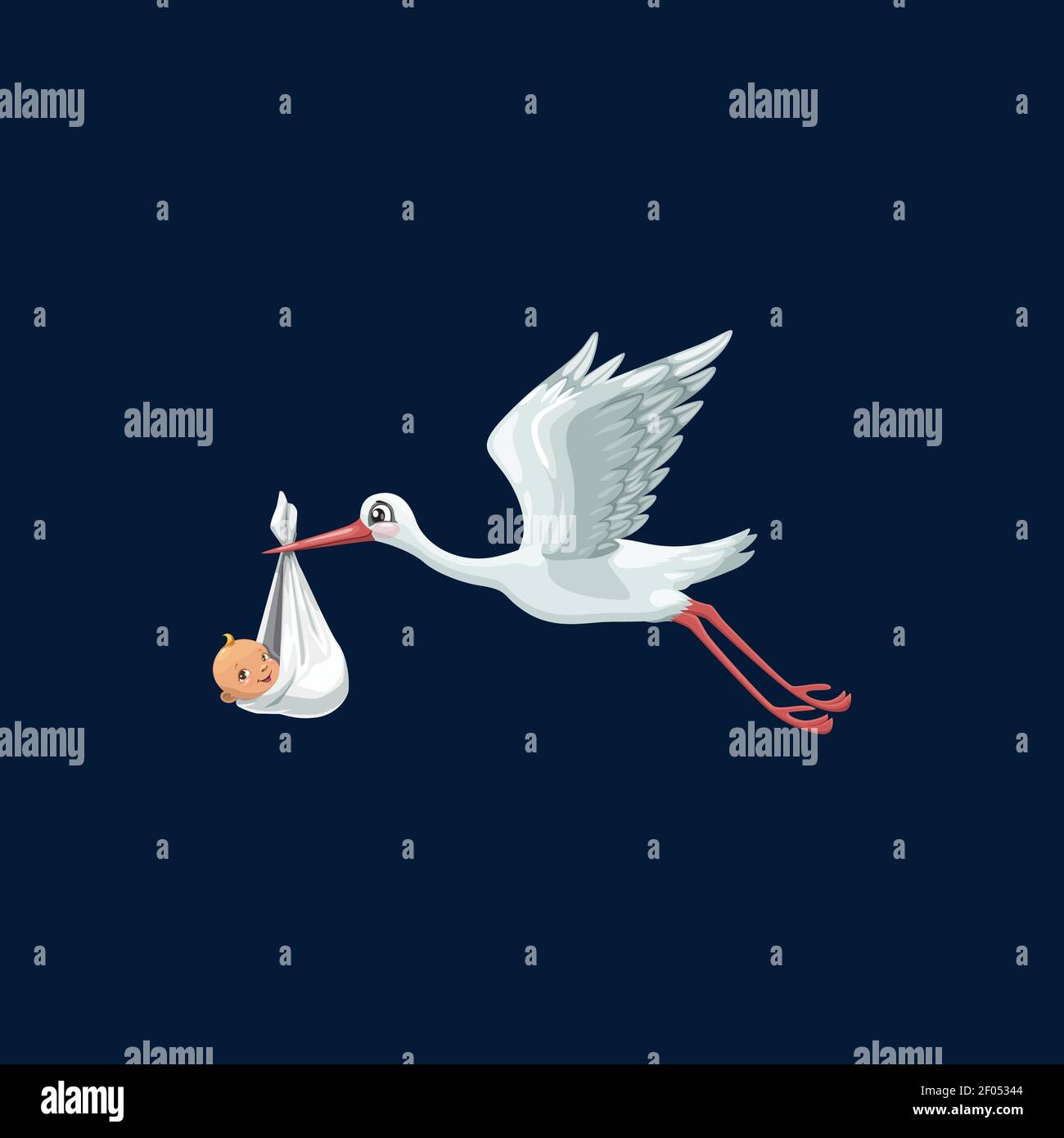 Stork carrying newborn baby in blanket isolated bird with infant ...