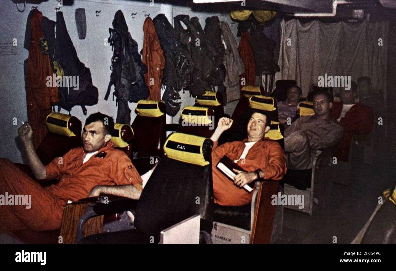 Pilots of VA-212 in ready room aboard USS Hancock (CVA-19), in 1963 ...