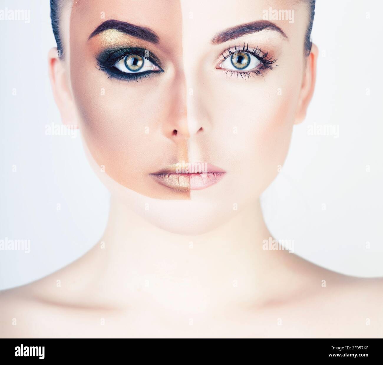 half faced woman with creative makeup like before sunbathe and after ...