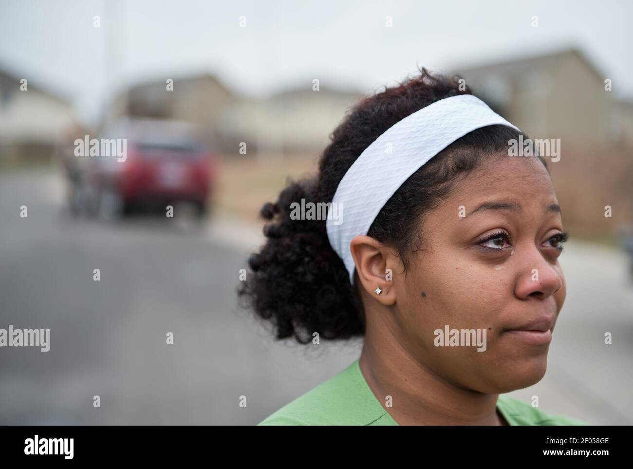 Brianna York, 21, of Kansas City, Missouri, weeps as she speaks about ...