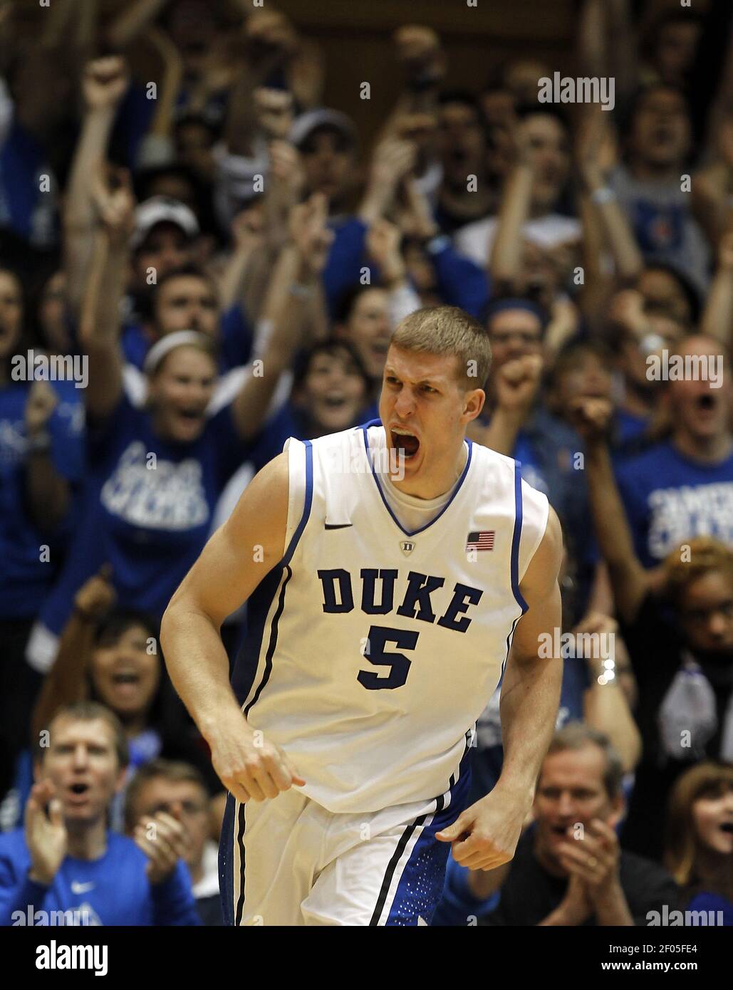Duke forward Mason Plumlee (5) reacts after a big dunk during the ...