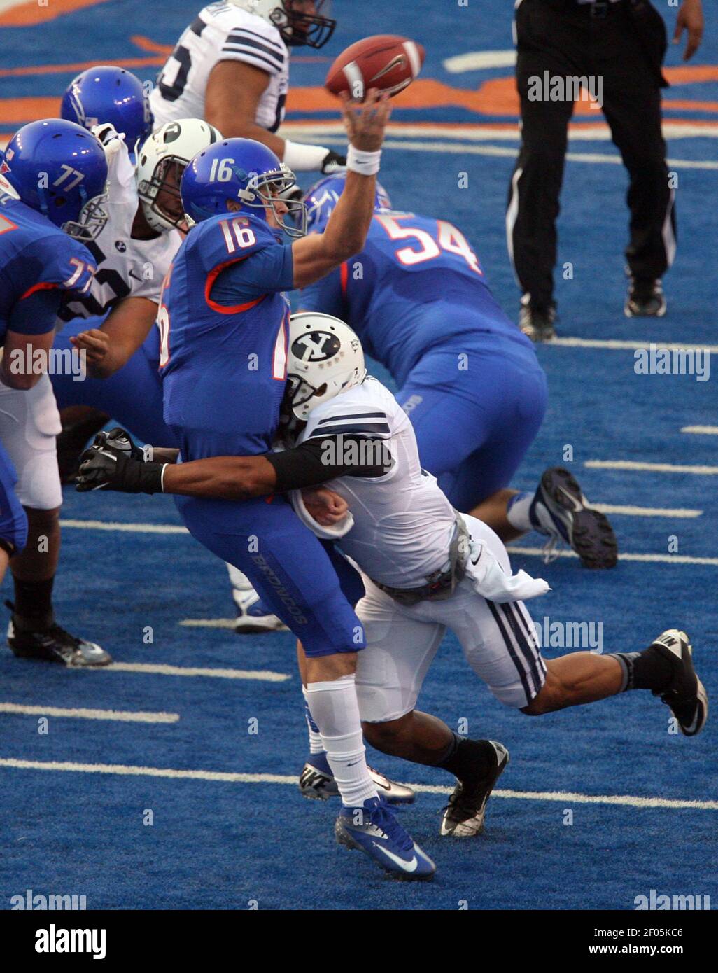 Boise State quarterback Joe Southwick gets a pass off just before a hit ...