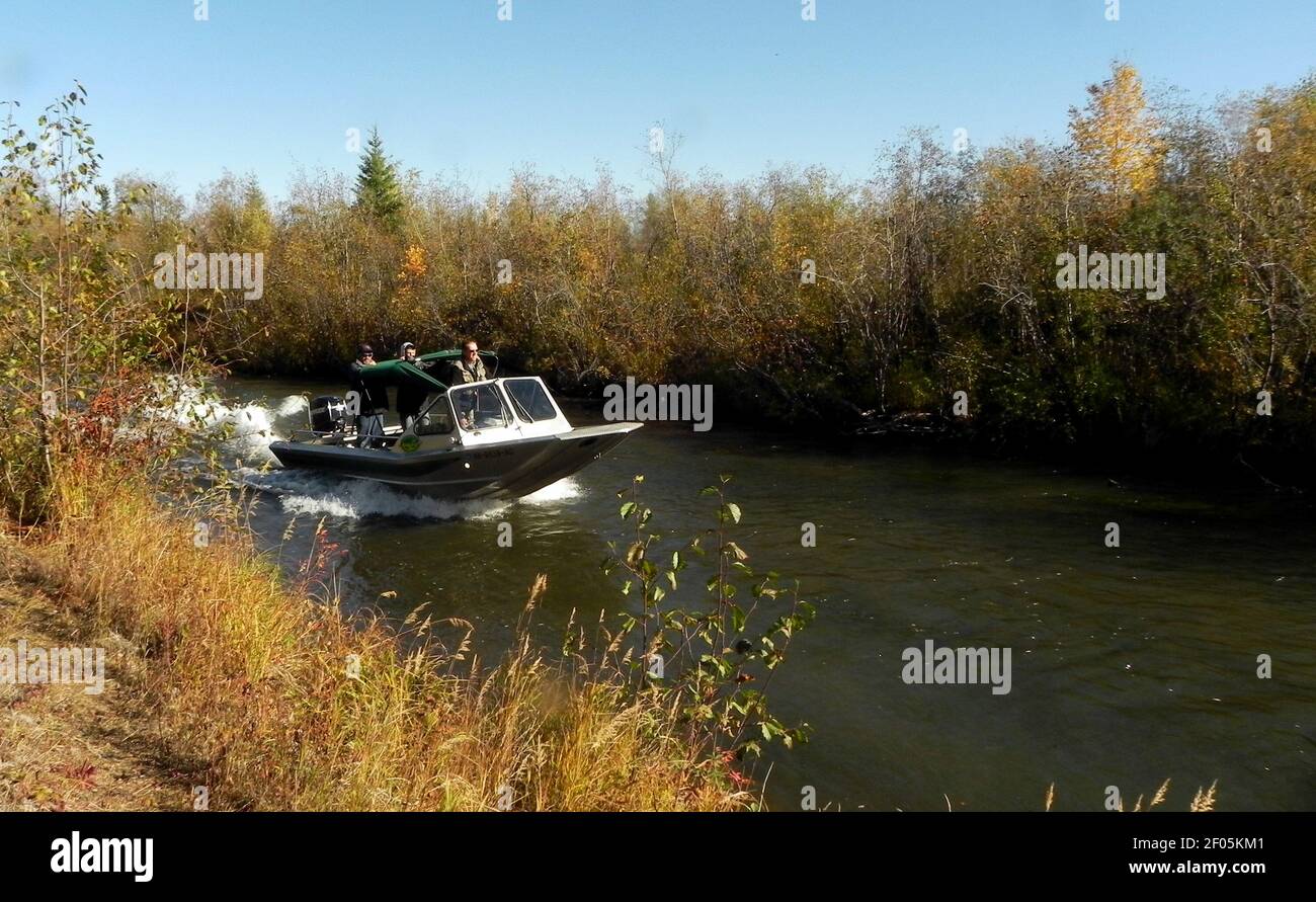 Fishing guide Reed Morisky uses a jet boat to navigate the Nenana River ...