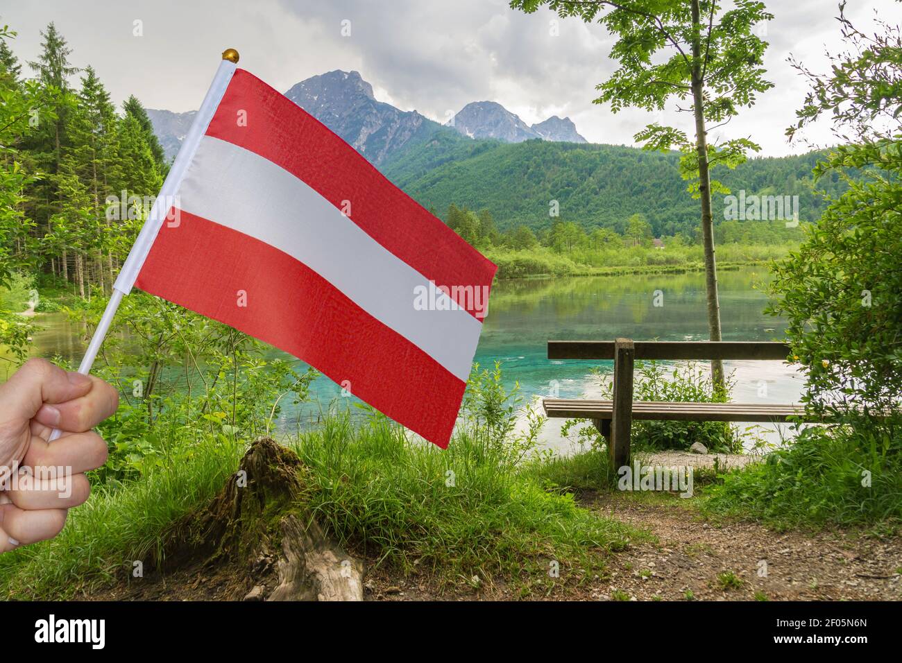 Tourist is holding Austria flag in hand. Alps in background. Travel ...