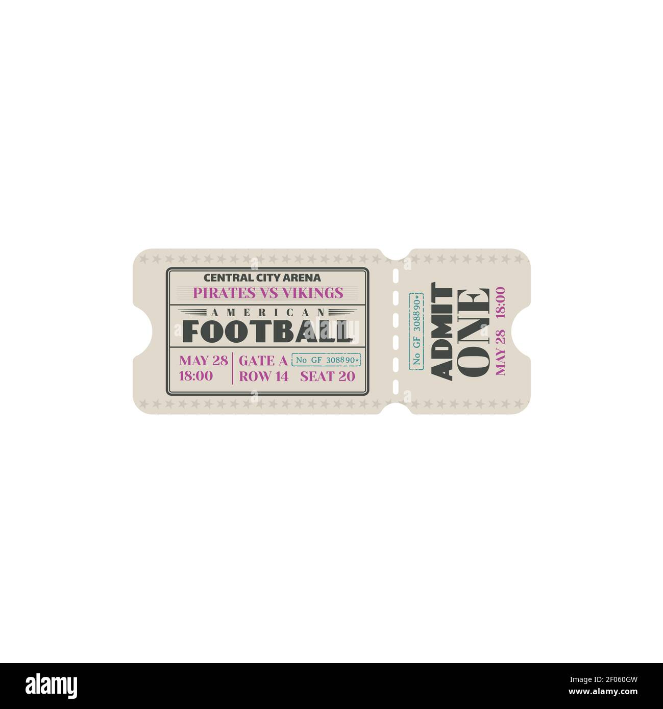 American football ticket isolated vector icon. Soccer game, football ...