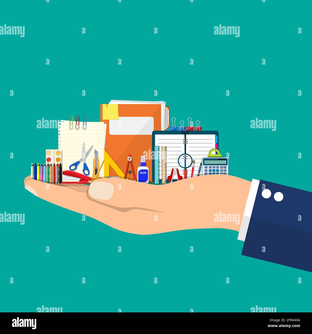 Stationery items in hand Stock Vector Image & Art - Alamy