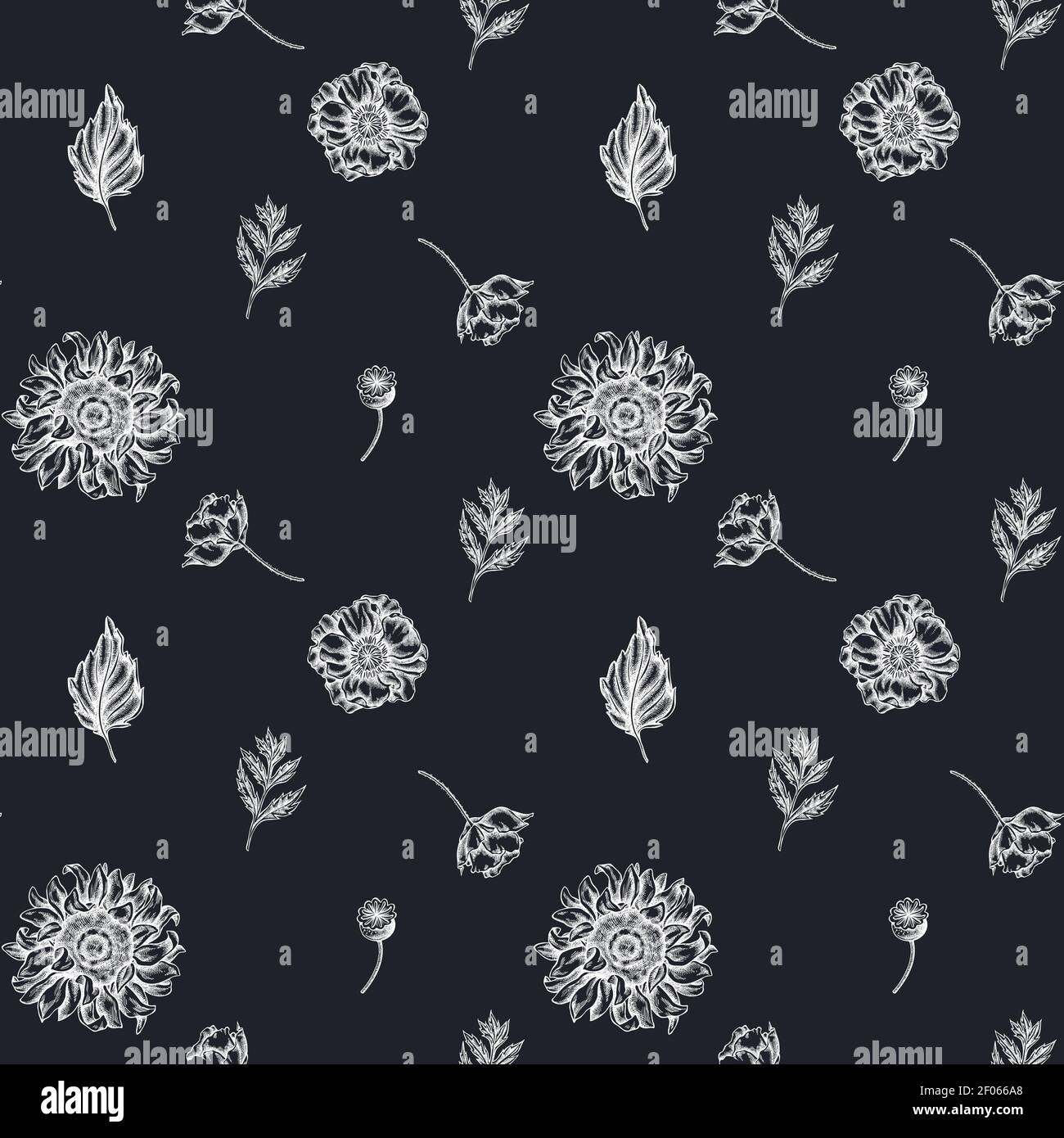 Seamless pattern with hand drawn chalk poppy flower, gerbera, sunflower ...