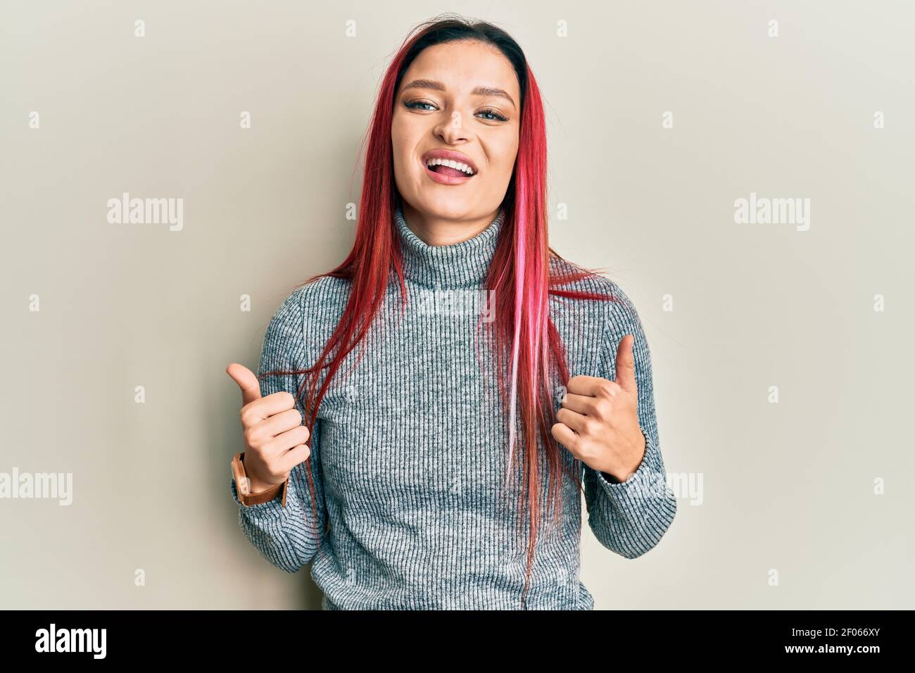 Young caucasian woman wearing casual clothes success sign doing ...