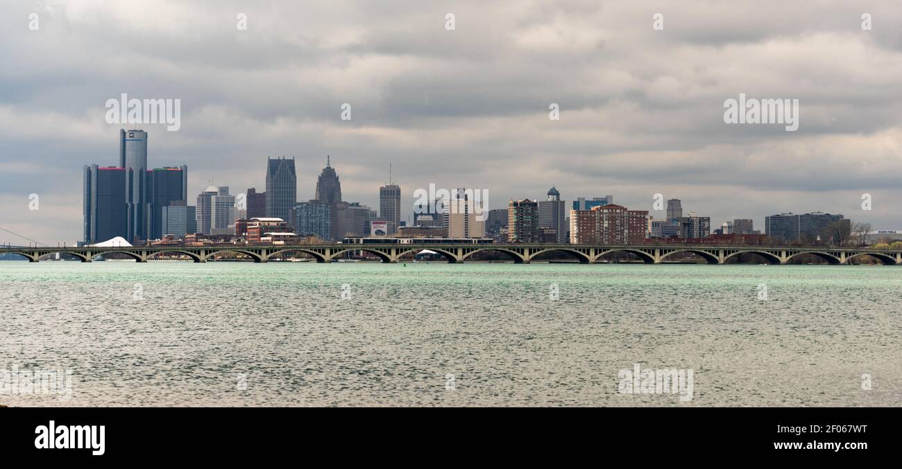 Long Panoramic Detroit Michigan River Downtown City Skyline Stock Photo ...