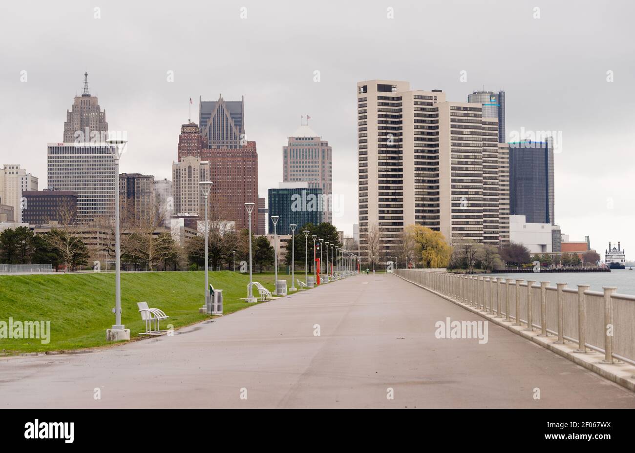 Waterfront Walkway Detroit Downtown City Skyline River Waterfront Stock ...