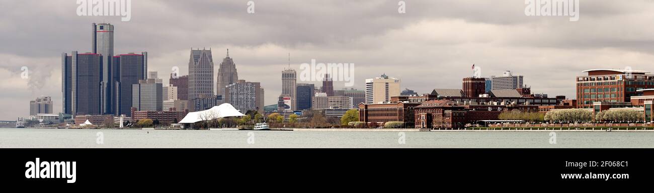 Long Panoramic Detroit Michigan River Downtown City Skyline Stock Photo ...