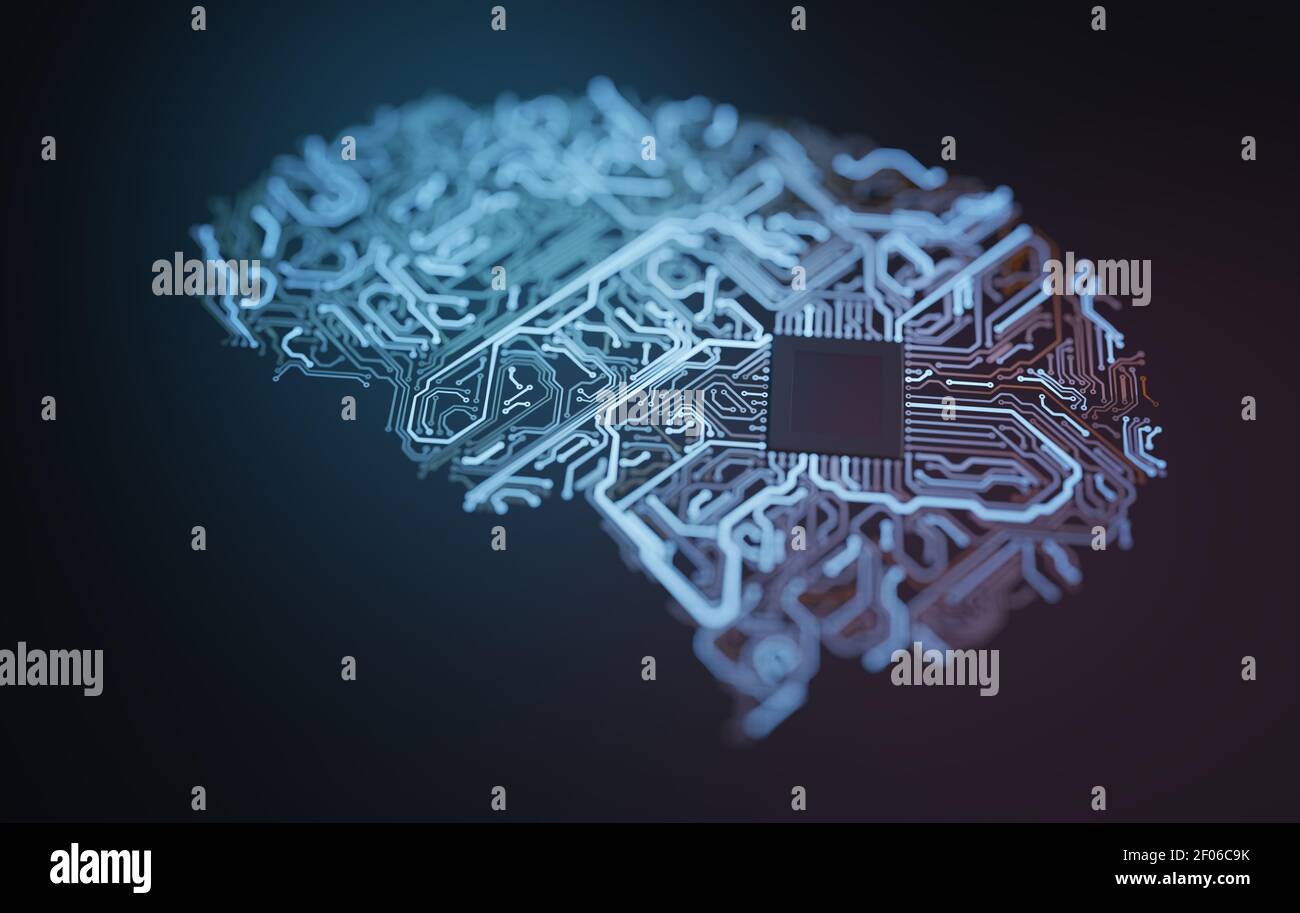 Electronic circuit of brain shape. Artificial intelligence concept. 3D rendered illustration ...