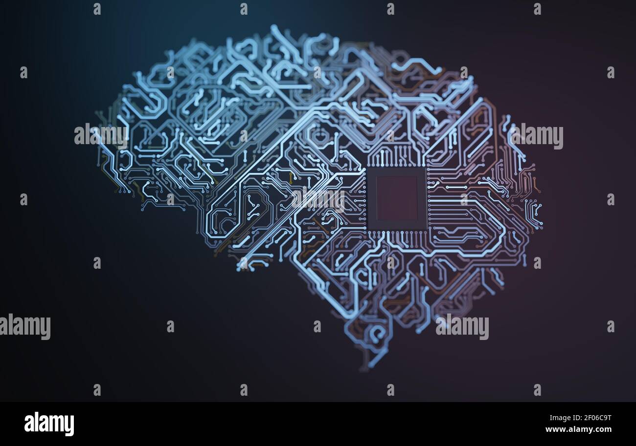 Electronic circuit of brain shape. Artificial intelligence concept. 3D rendered illustration ...