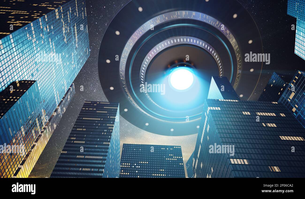 UFO alien spaceship in city above skyscrapers. 3D rendered illustration ...