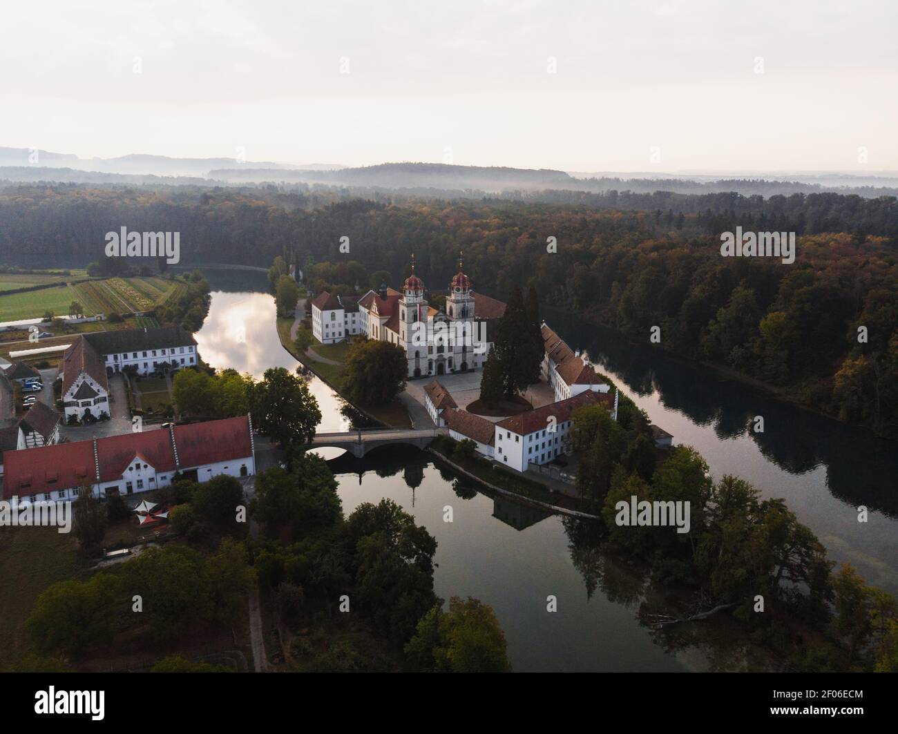 Aerial view of Rheinau Abbey benedictine cloister monastery on Rhine ...