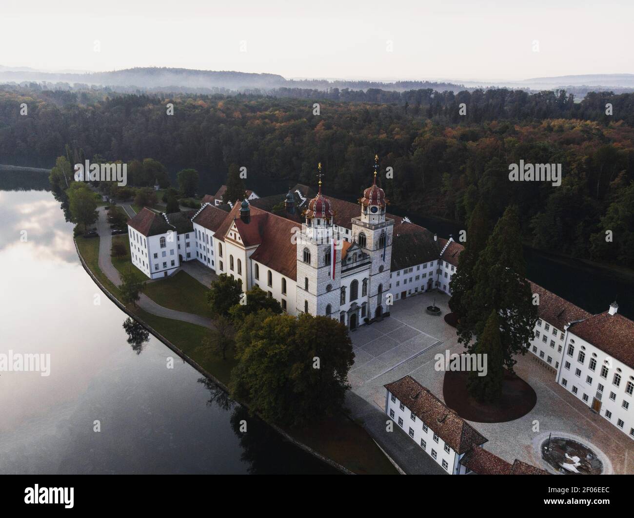Aerial view of Rheinau Abbey benedictine cloister monastery on Rhine ...