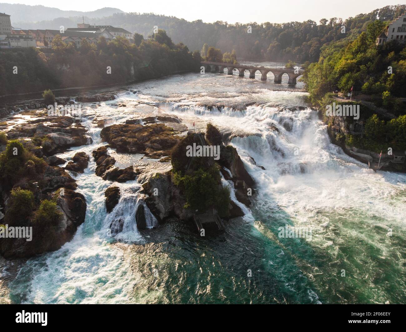 Aerial panorama of Rheinfall cascade rapid waterfall on Rhine river ...