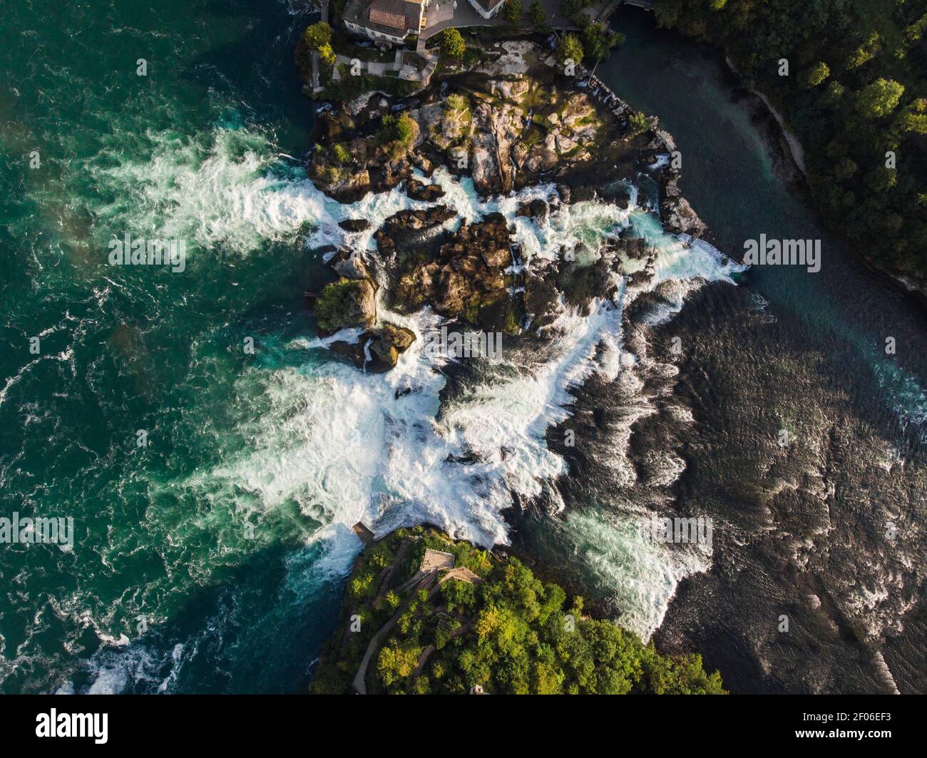 Aerial top down panorama of Rheinfall cascade rapid waterfall on Rhine ...