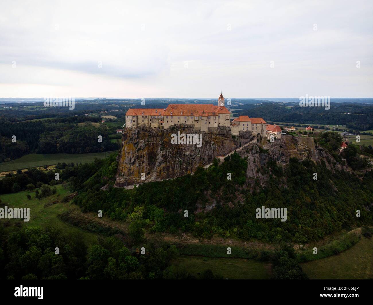 Aerial panorama view of historic old medieval castle Riegersburg on ...