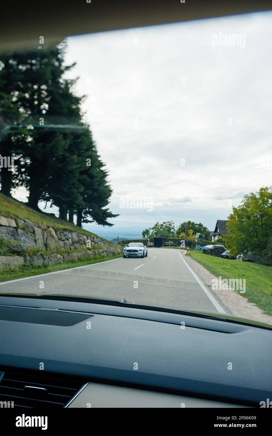 Switzerland - Sep 22, 2018: Driver POV at car view at the front driving ...