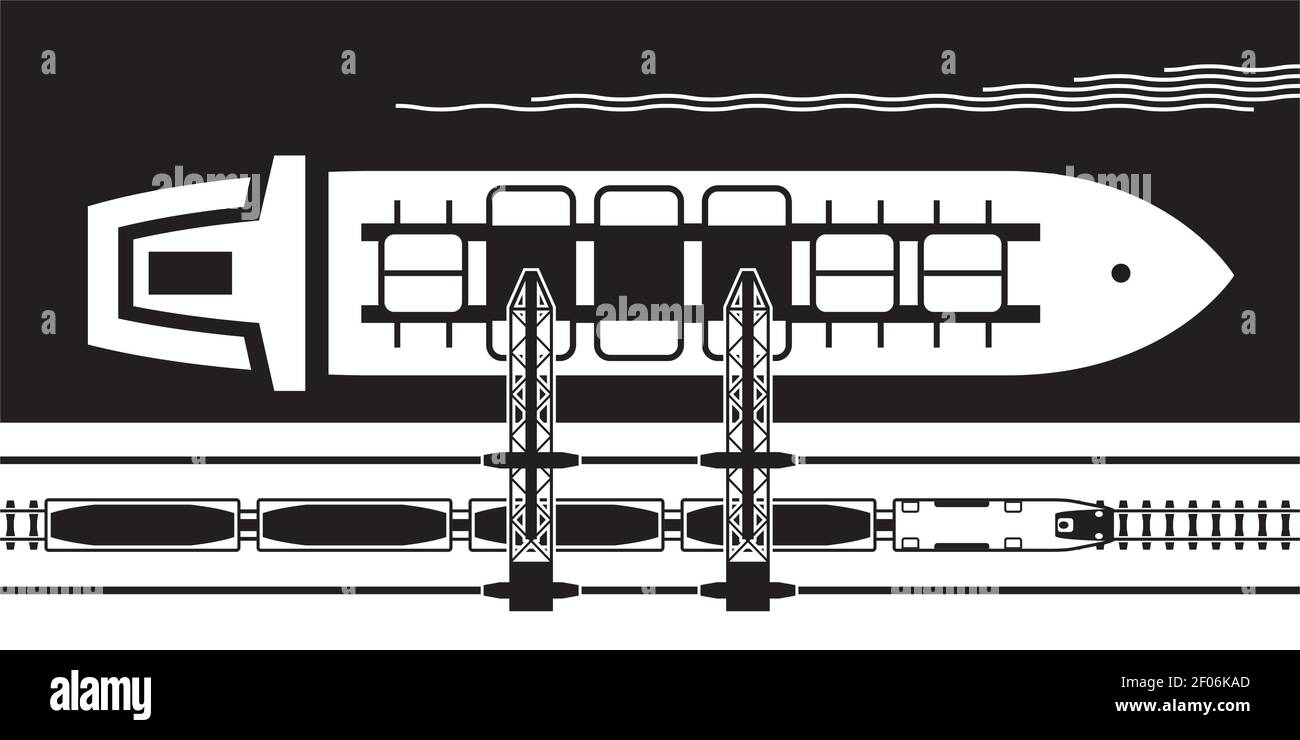 Crane transfers ore from railway wagons to an industrial ship – vector ...