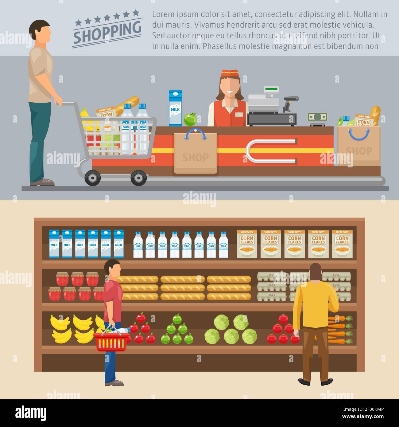 Shopping colored concepts with man at cash desk and consumers near ...