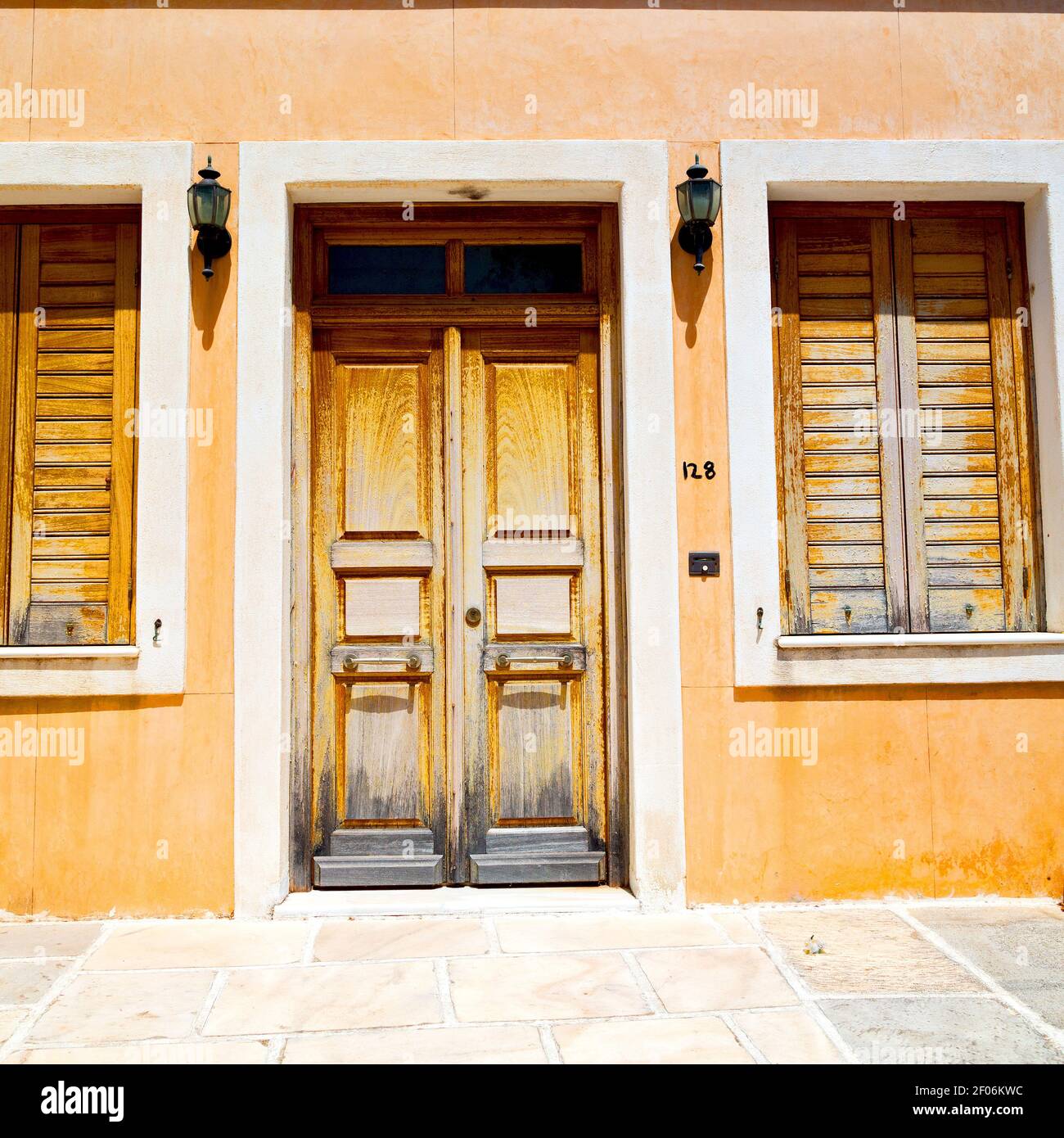 Greece antique window in europe old architecture and gray concrete ...