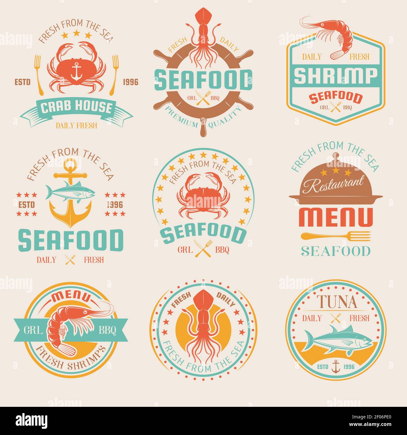 Seafood colored restaurant emblems with cutlery and cloche marine ...
