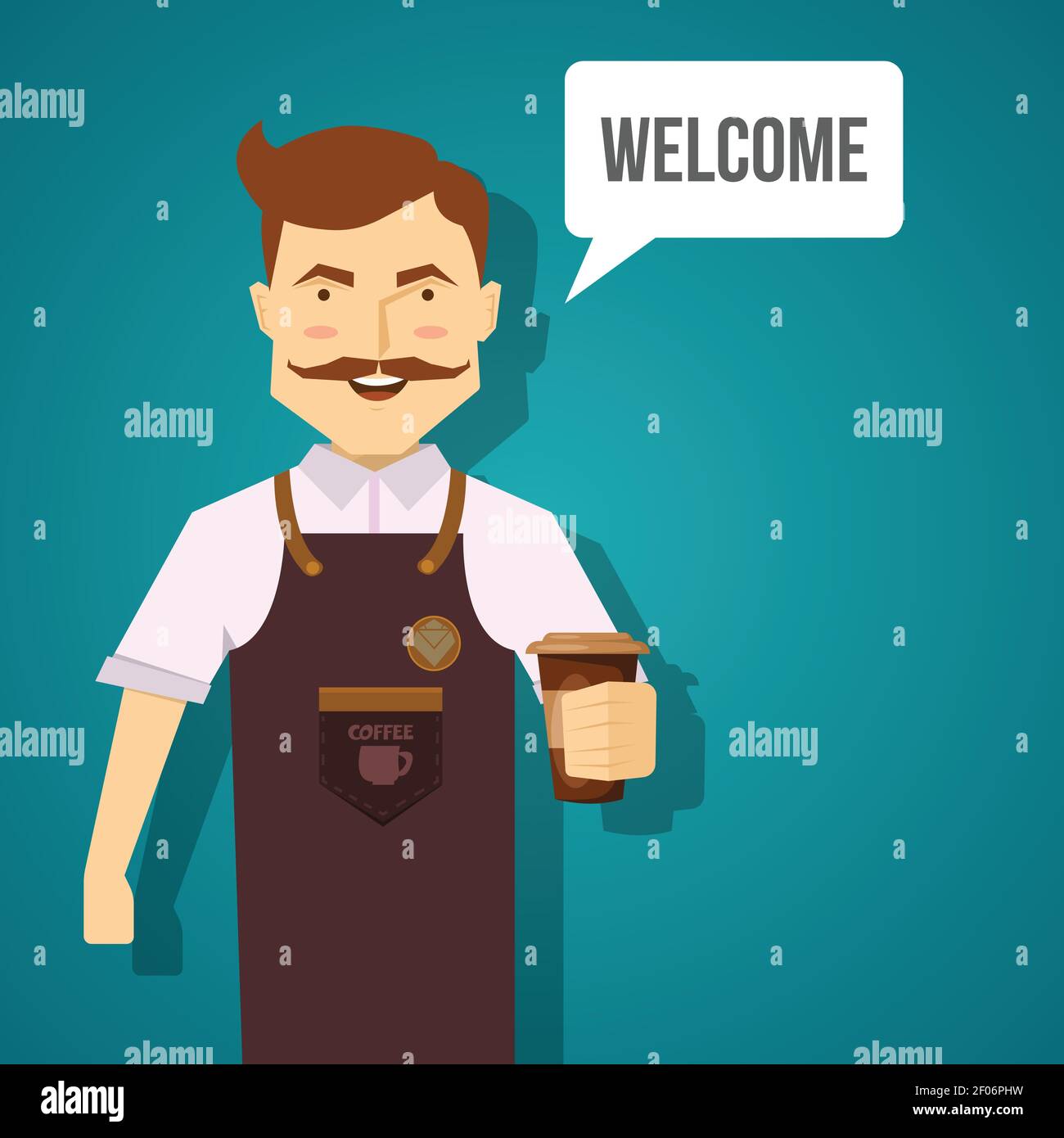 Barista character design with smiling mustached man in brown apron with ...