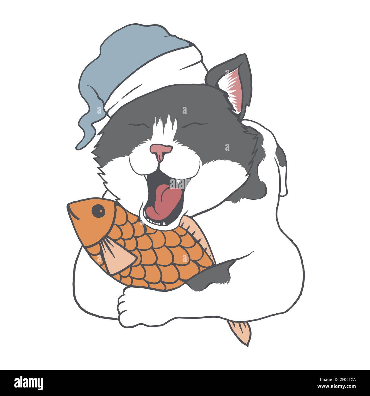 The cat is still sleepy with the fish illustration for your company or ...
