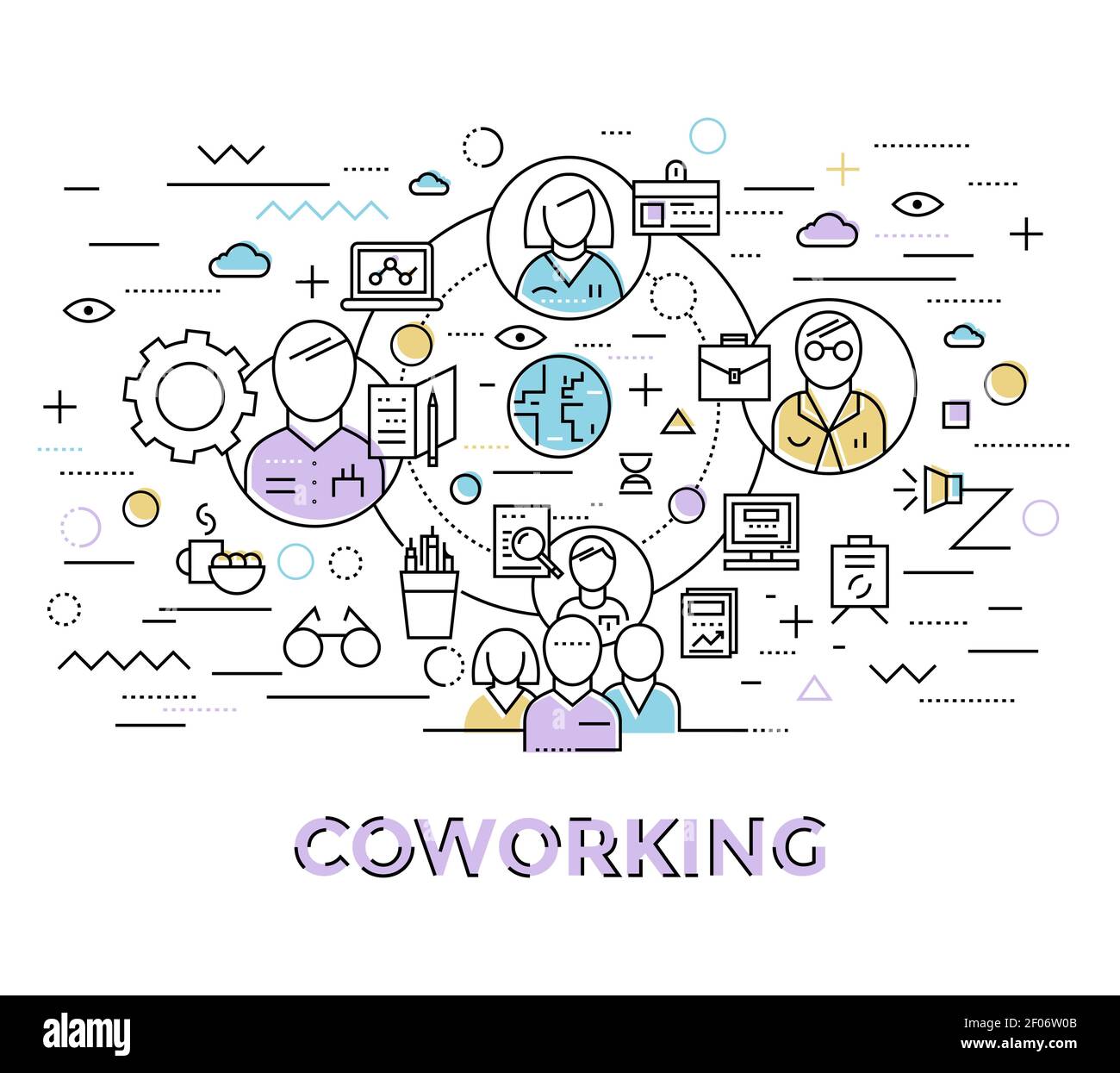 Colored coworking art in linear style with colleagues group associated ...