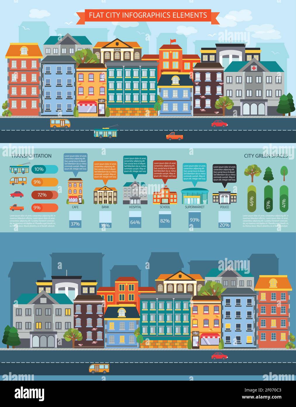 Flat city elements infographics with urban landscape banners and ...