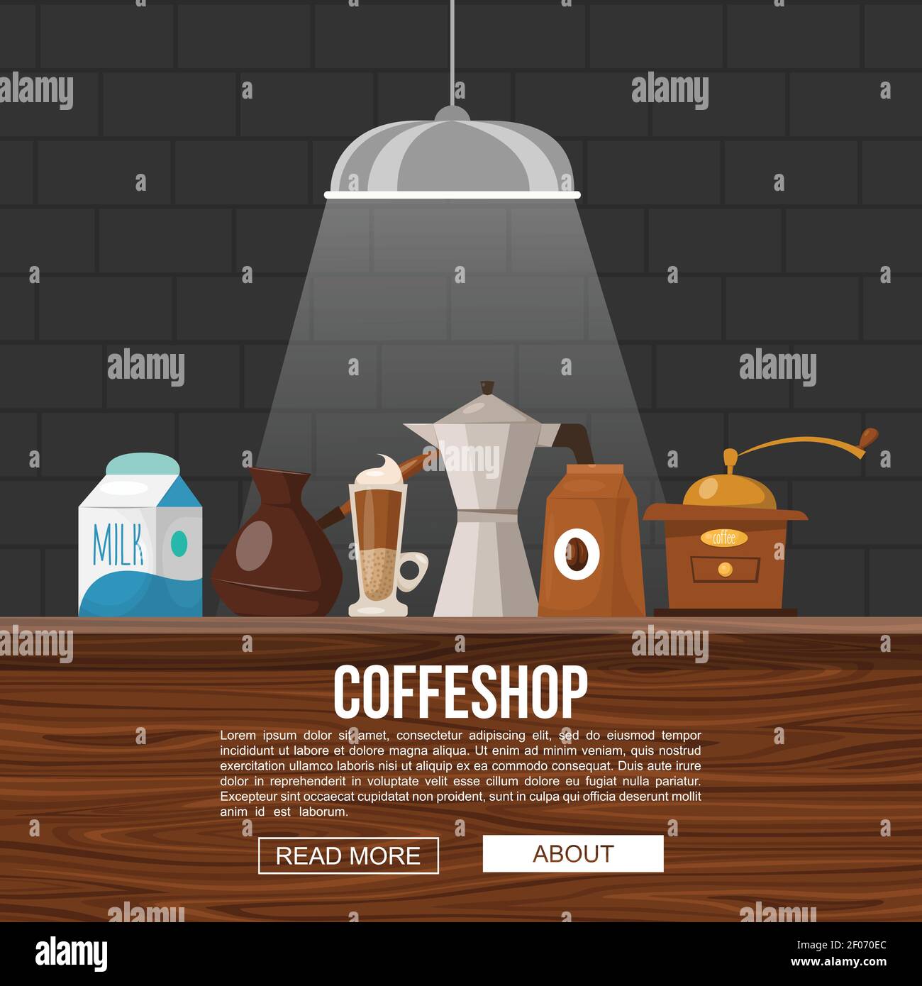 Coffee shop design with objects for making beverages on wooden bar ...