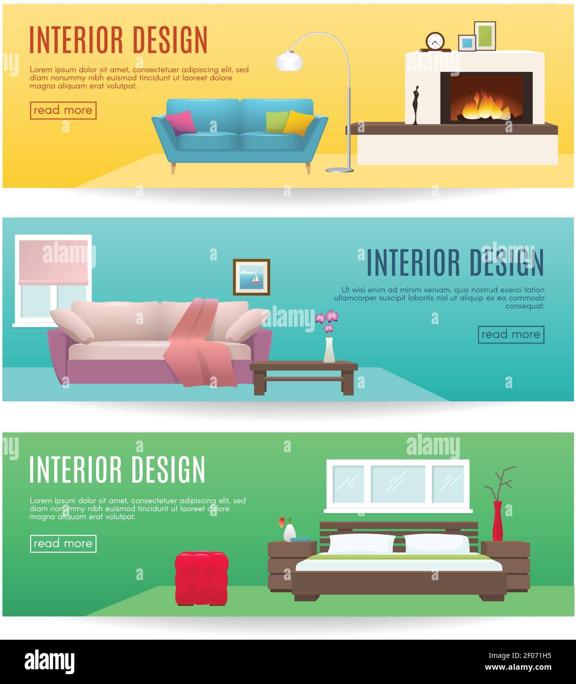 Furniture horizontal banners set with design of fireplace lounge and ...