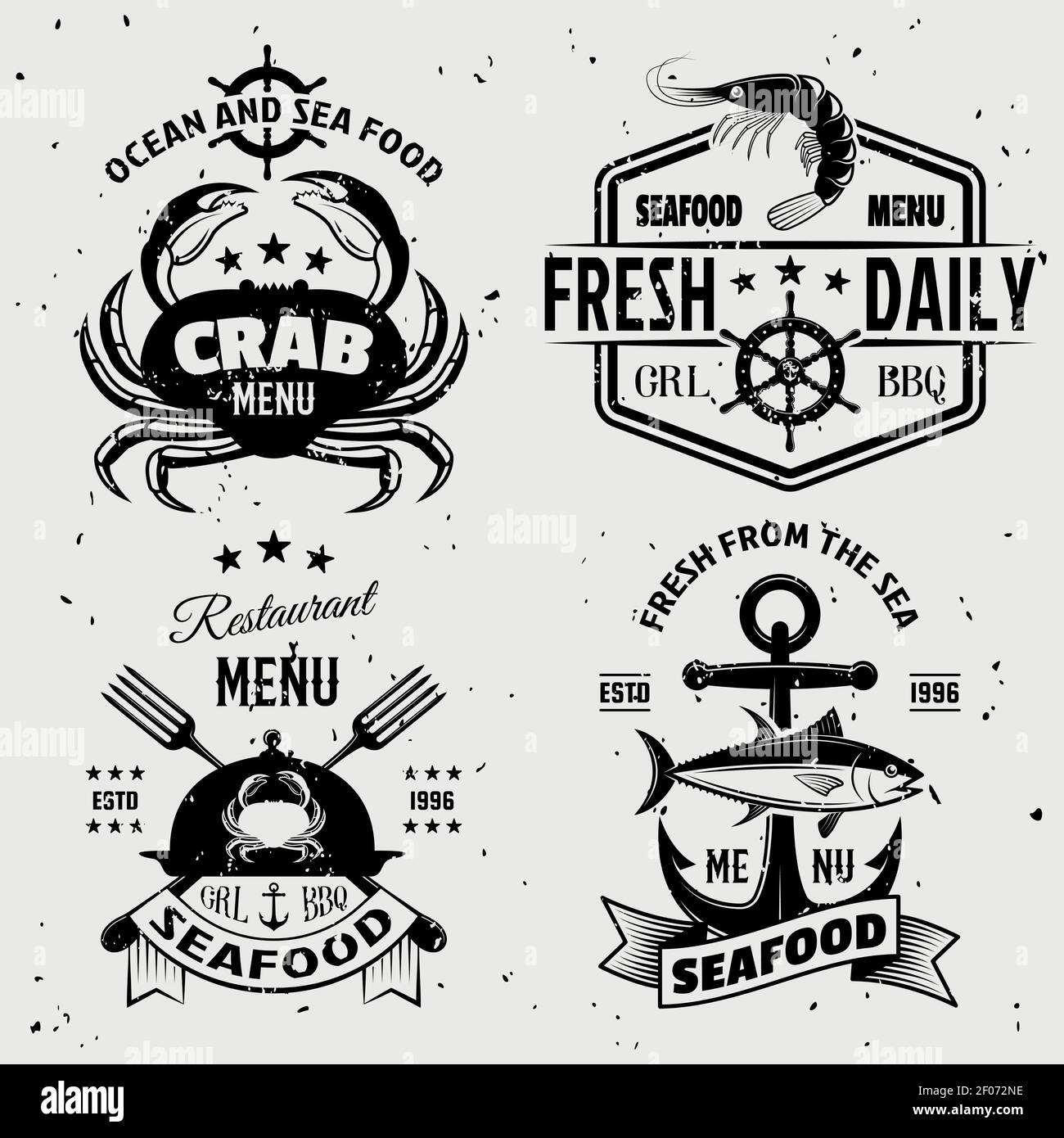 Seafood menu monochrome emblems with nautical symbols shellfish cloche ...