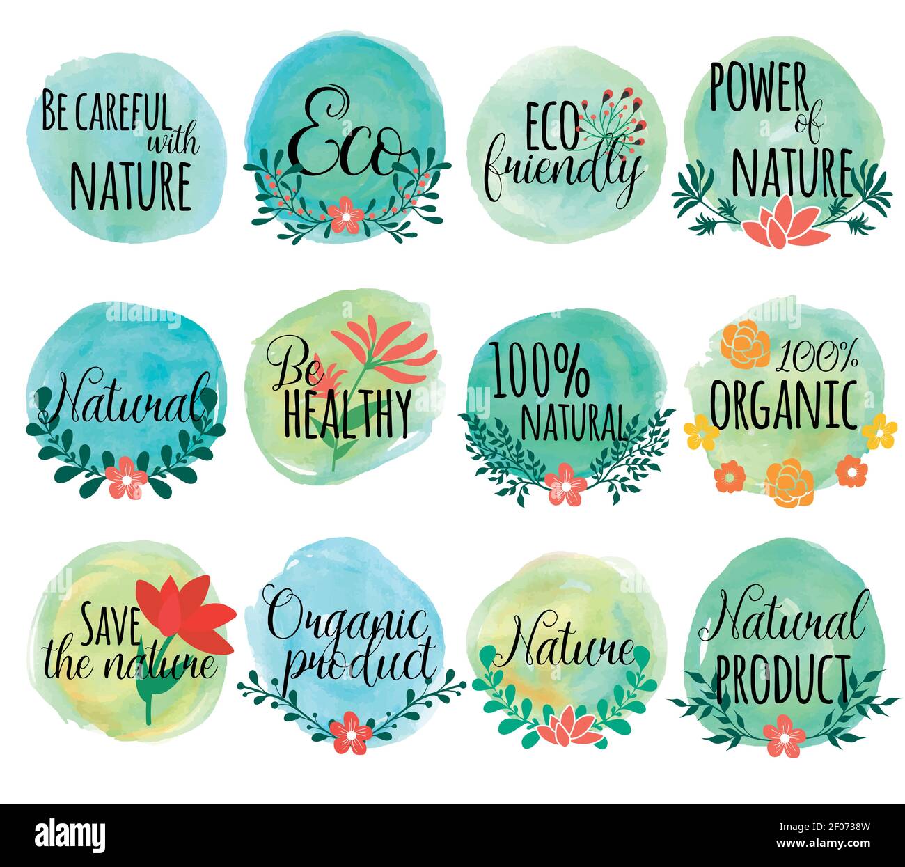 Drawn icon set with flowers leaves and be carful with nature eco ...