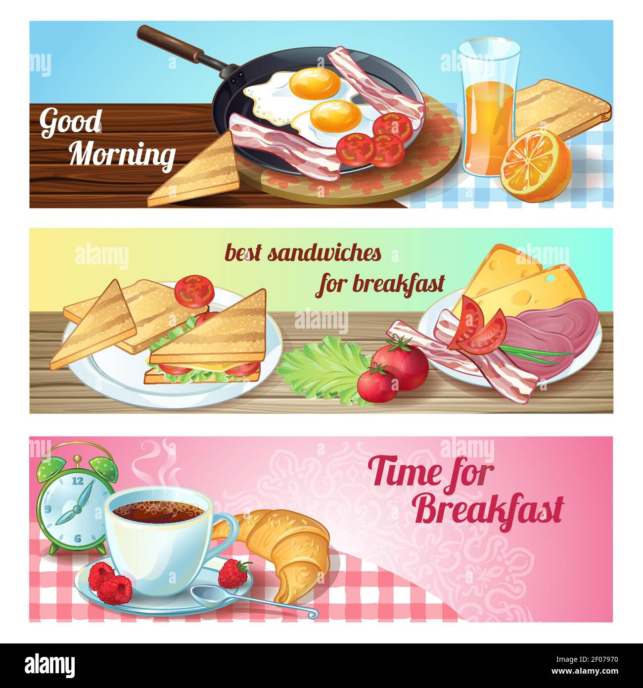 Three horizontal breakfast banner set with good morning time for ...