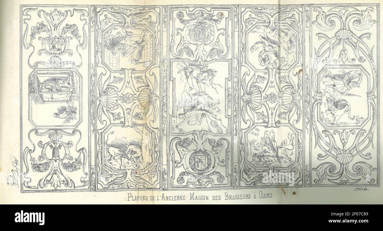 Plafond Brouwershuis Gent, Jan Hansche, 1673. Tekening C. Tfelt, 1864 ...