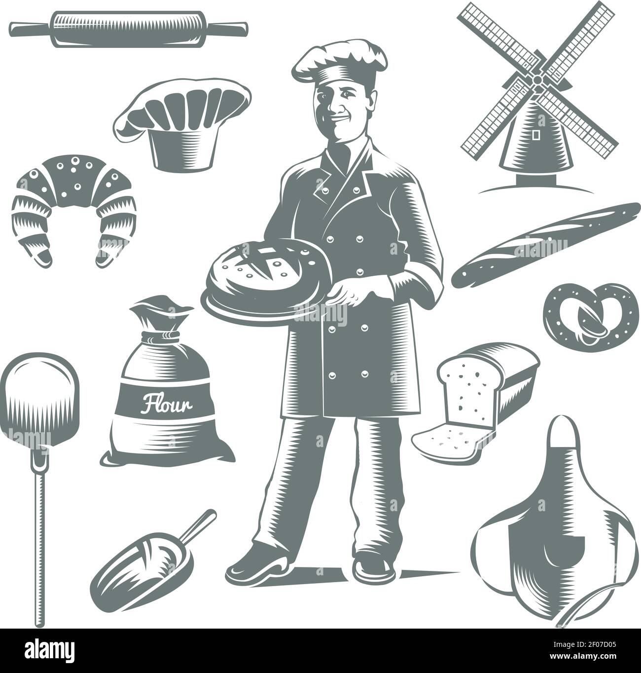 Vintage bakery icon set with isolated gray elements cakes and cook on ...