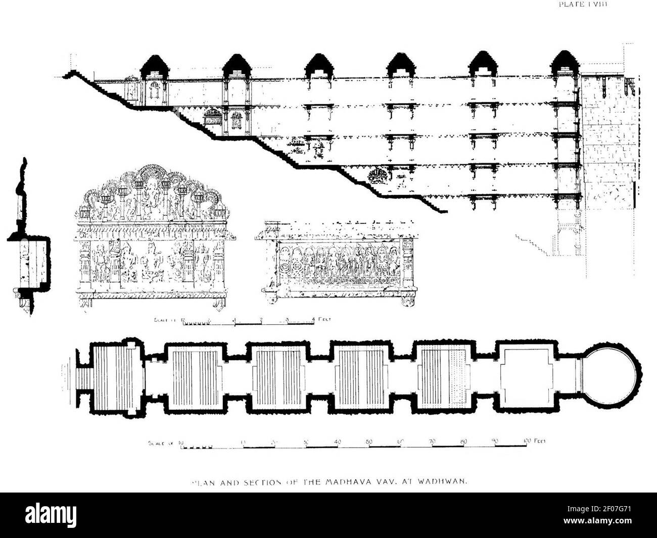Plan and section of Madhavav, a stepwell in Wadhwan, Gujarat, India ...