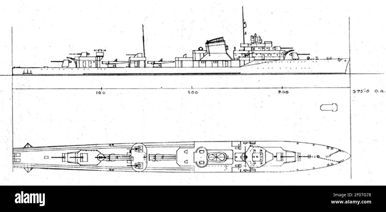 Plan and elevation of Gnevny-class DDs Stock Photo - Alamy