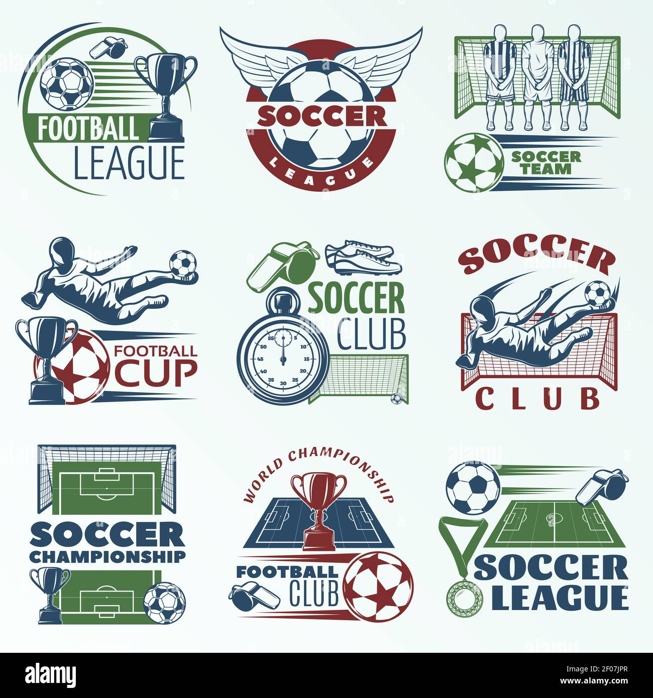 Soccer colored emblems with players sports equipment trophies referees ...