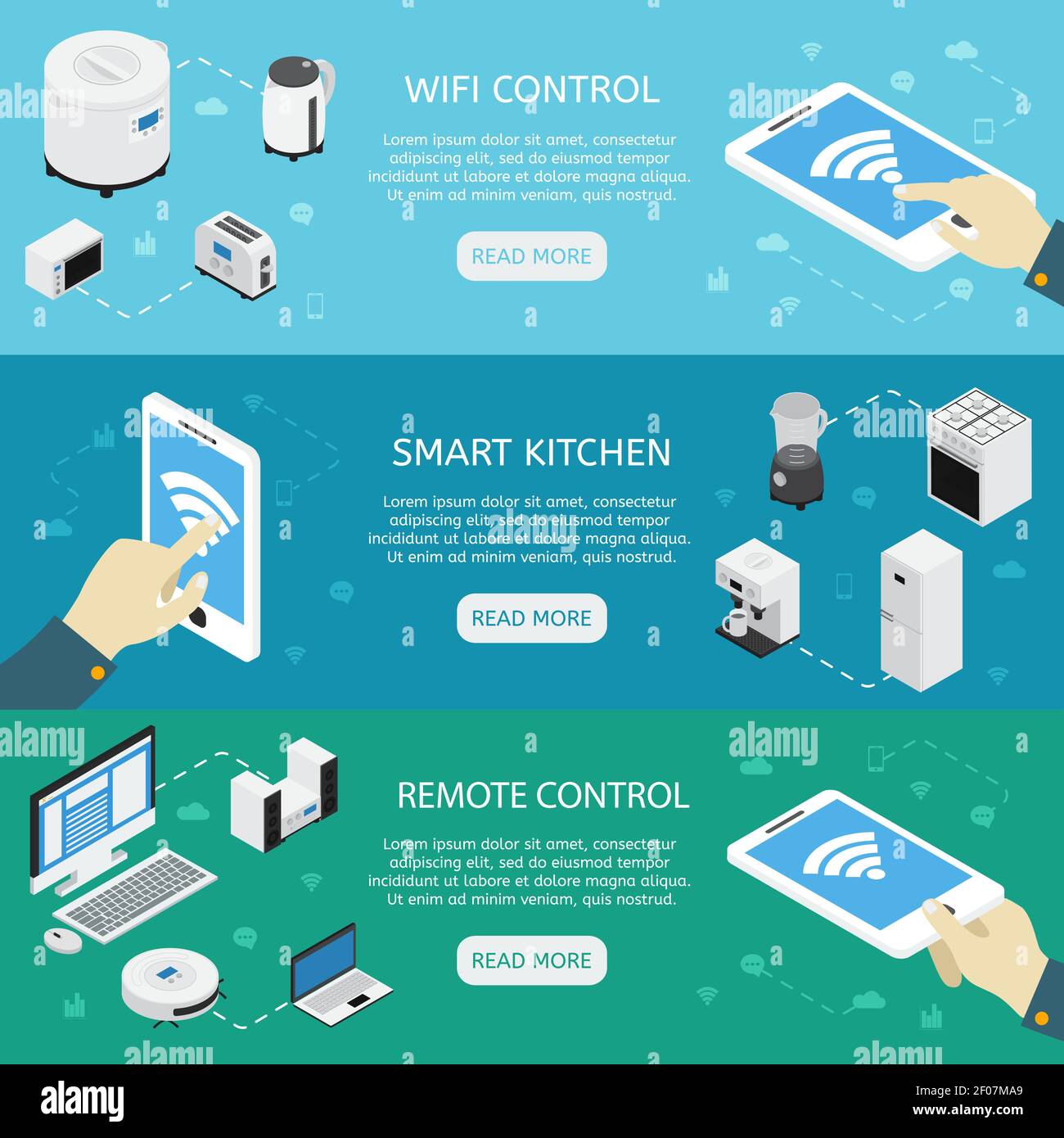 Three horizontal home appliances isometrics banner set with wifi ...