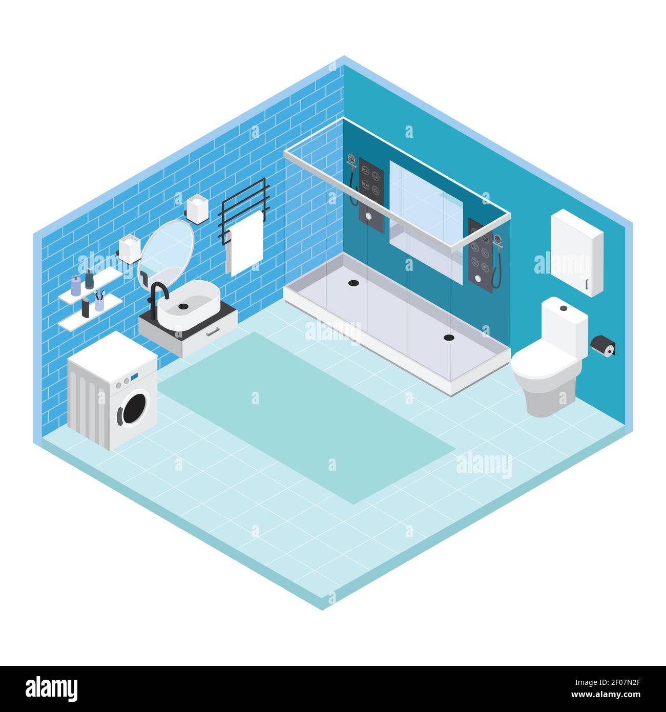 Isometric interior Bathroom composition with tile on walls with shower and washing machine ...